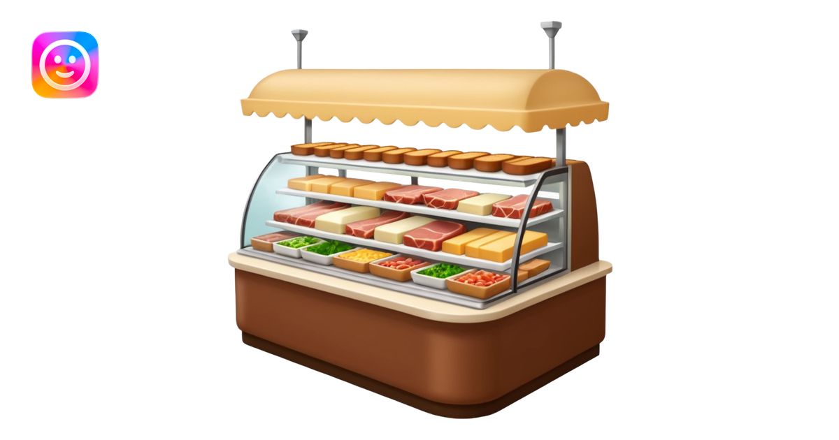 A 3D cartoon deli counter filled with meats, cheeses, and salads ...