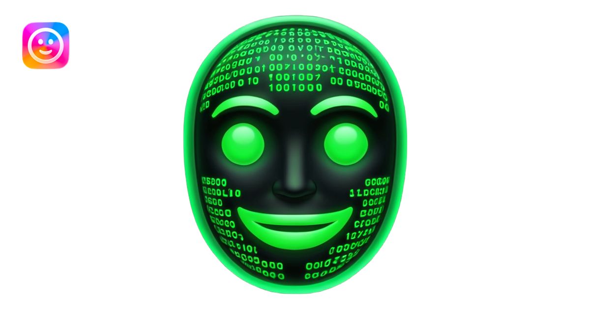 Cyberpunk emoji formed from cascading green Matrix symbols, neon glow ...