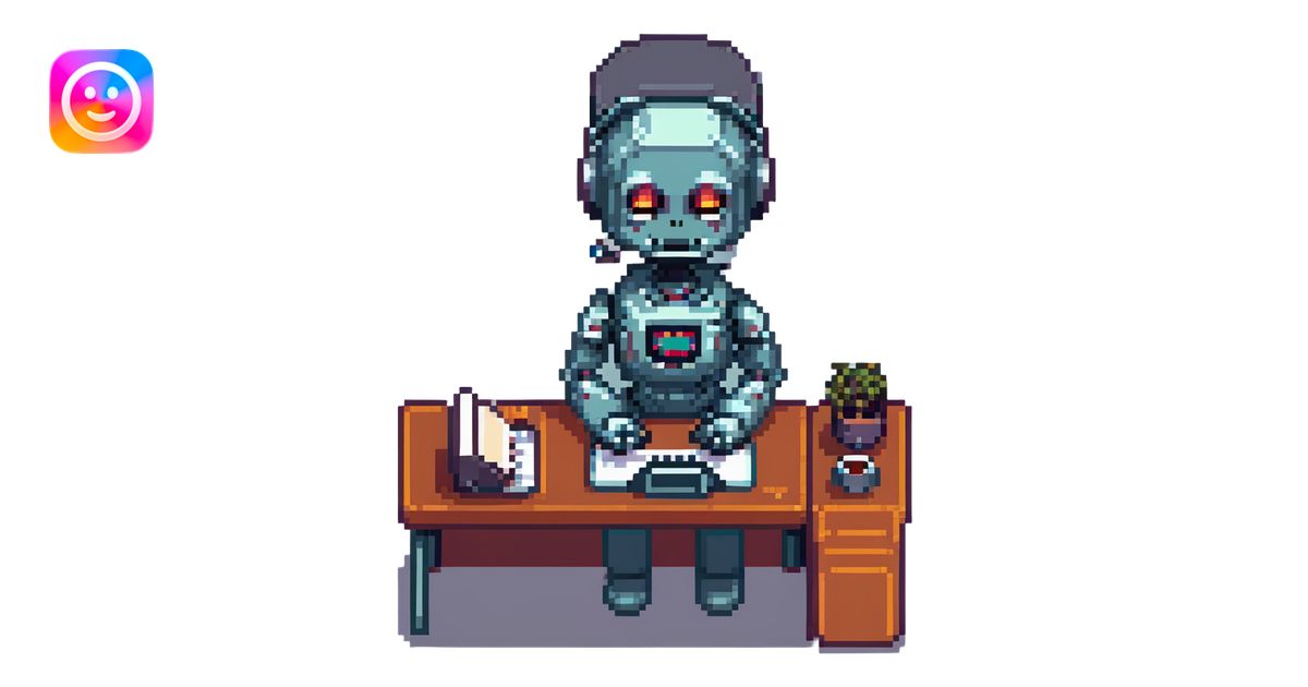 cute recruiter robot at a desk, headset on, typing on a laptop, 8-bit ...