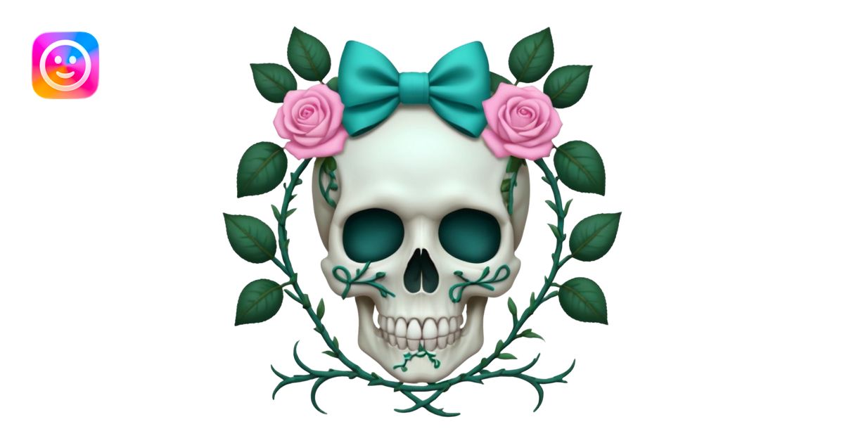 Skull with Pink bow with vines and teal roses emoji | AI Emoji Generator