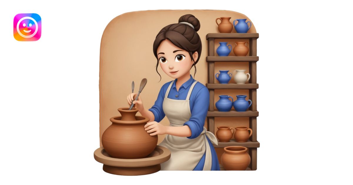 Brunette girl with bun, behind pottery wheel emoji | AI Emoji Generator