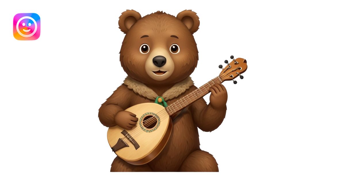Friendly Russian brown bear holding a balalaika emoji | AI Emoji Generator