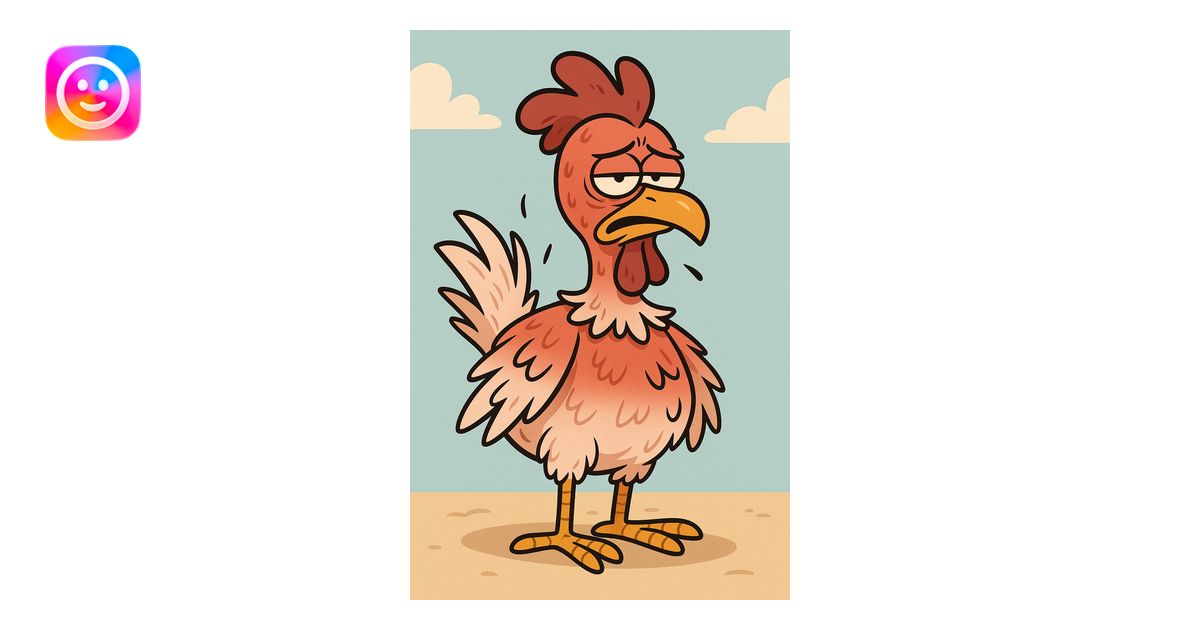 a sunburnt chicken, cartoon style, exaggerated red skin, ruffled ...