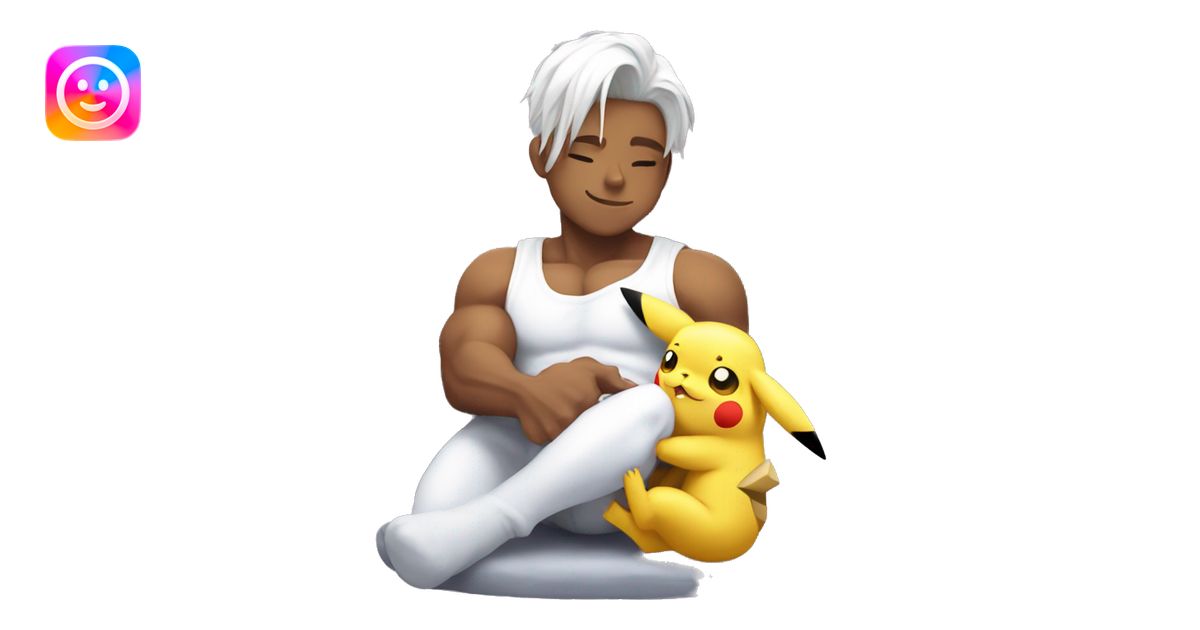 Pikachu cuddling in white bodybuilder lap emoji | AI Emoji Generator