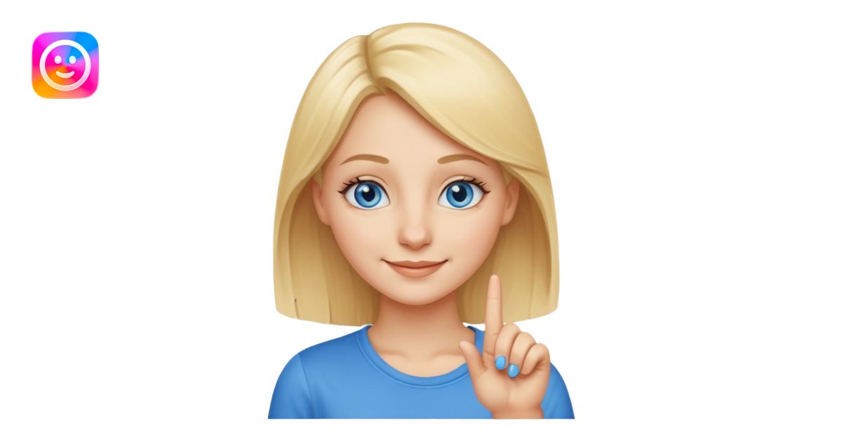 a blond girl with blue eyes putting a finger on the tip of the nose ...