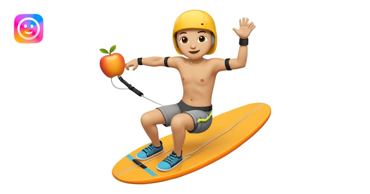 "Apple 3D emoji-style character wakeboarding mid-jump, with arms ...