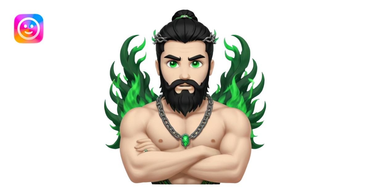 hades greek god with green flames and beard with chains on his arms and ...