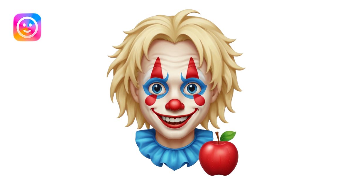 creepy clown boy with messy very long long blonde hair, blue eyes, make ...