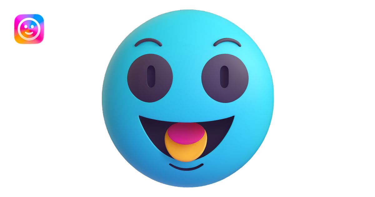 3D smiley emoji, round shape, turquoise color, with text 'buli', party ...