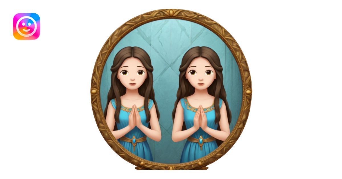 Woman facing ancient mirror, reflection slightly delayed and darker ...