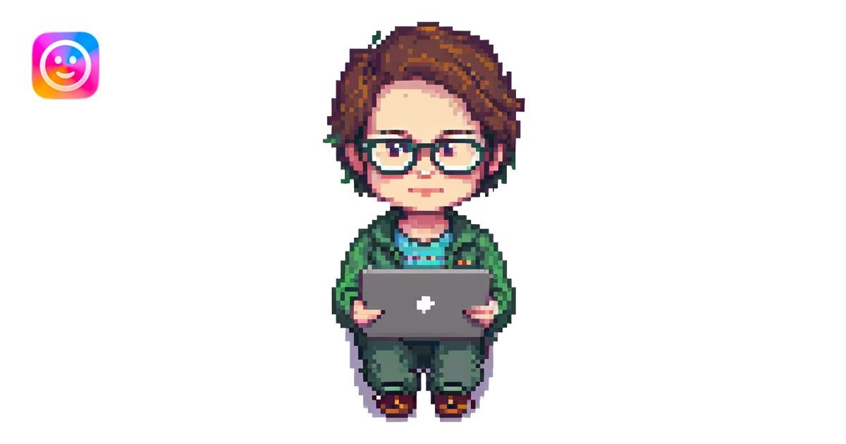 IT nerd with glasses using a laptop, pixel art style, playful ...