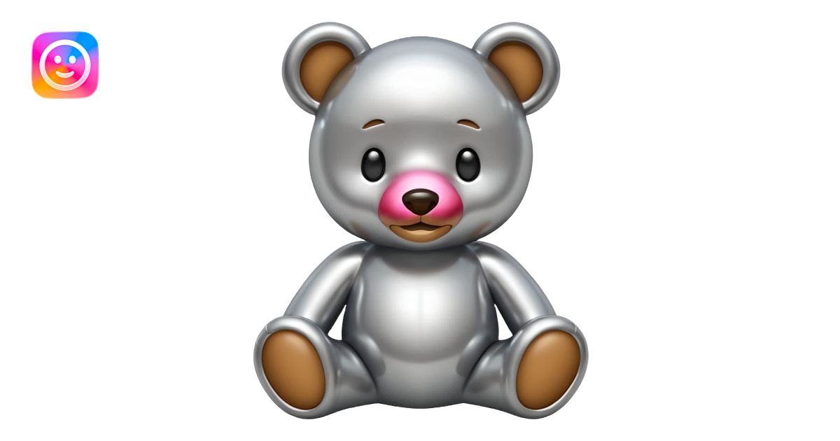 A cute teddy bear emoji made of liquid silver chrome, smooth rounded ...