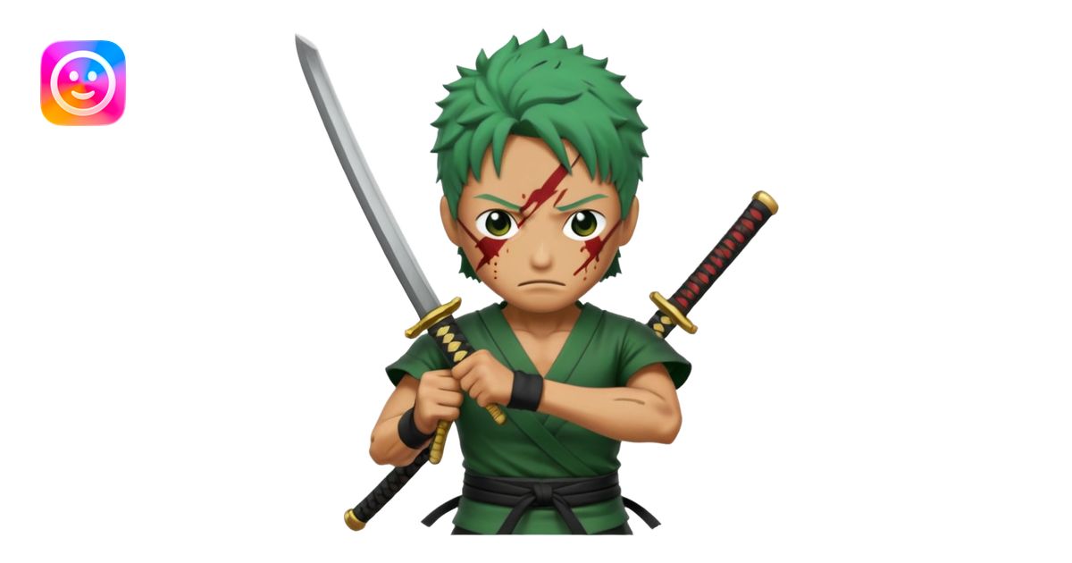zoro in a battle field with 3 styles sword emoji | AI Emoji Generator