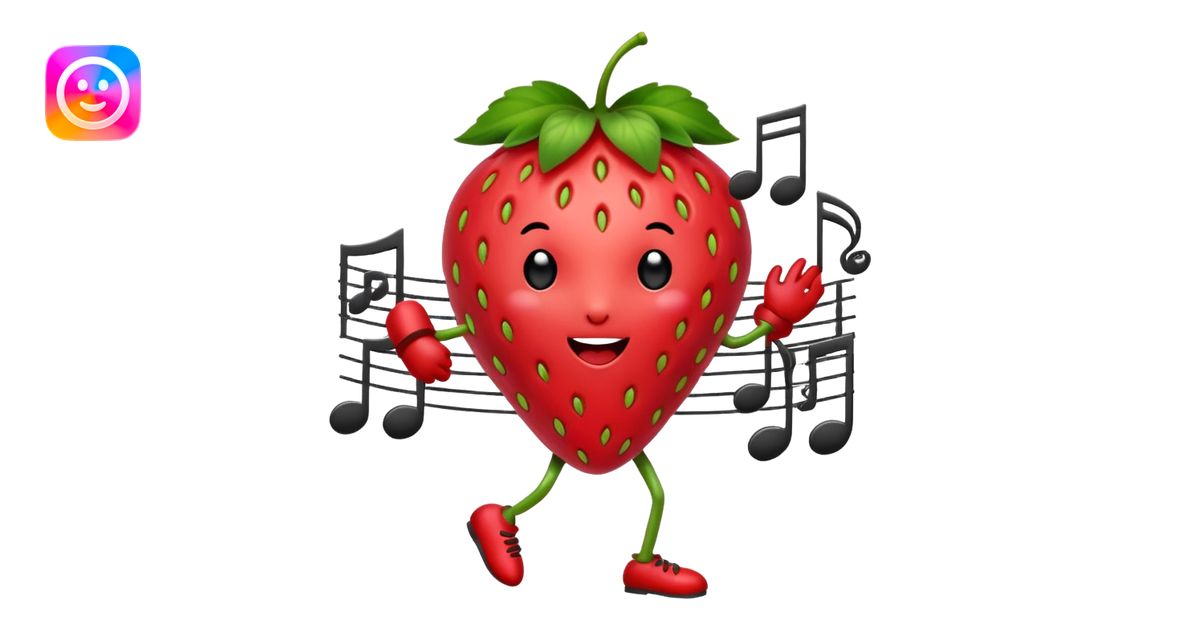 A Dancing strawberry with music notes around emoji | AI Emoji Generator