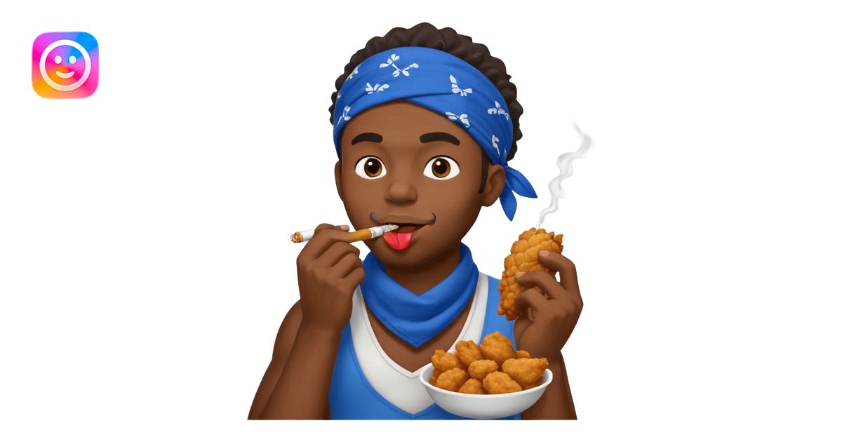 black man eating fried chicken with blue bandana and cigarette in teeth ...
