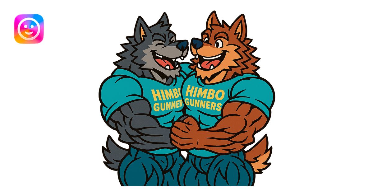 two hyper-muscular wolf furry characters in 'Himbo gunners' t-shirts ...