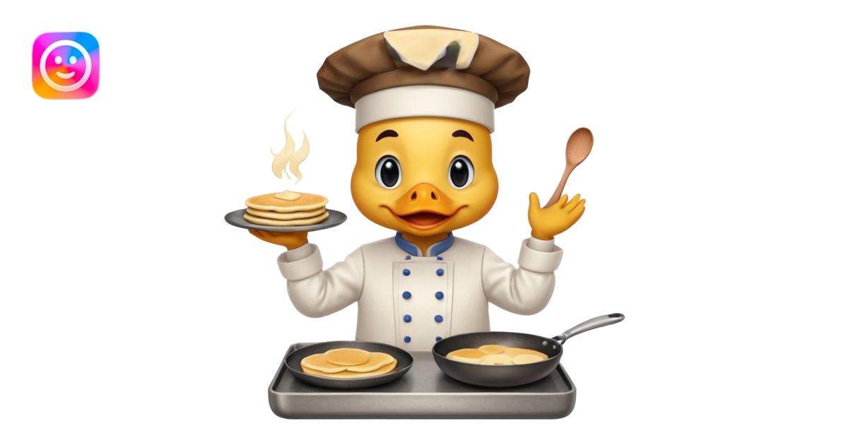 A chef duck wearing a tiny apron, making pancakes on a pan emoji | AI ...