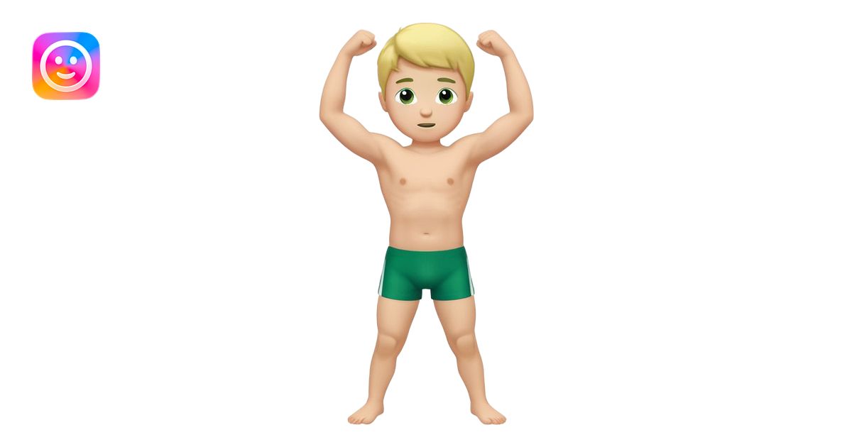 Little boy in green swim briefs flexing his arms and bending his knees ...