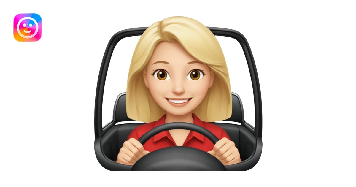 blonde woman driving car. Happy face confidence emoji | AI Emoji Generator