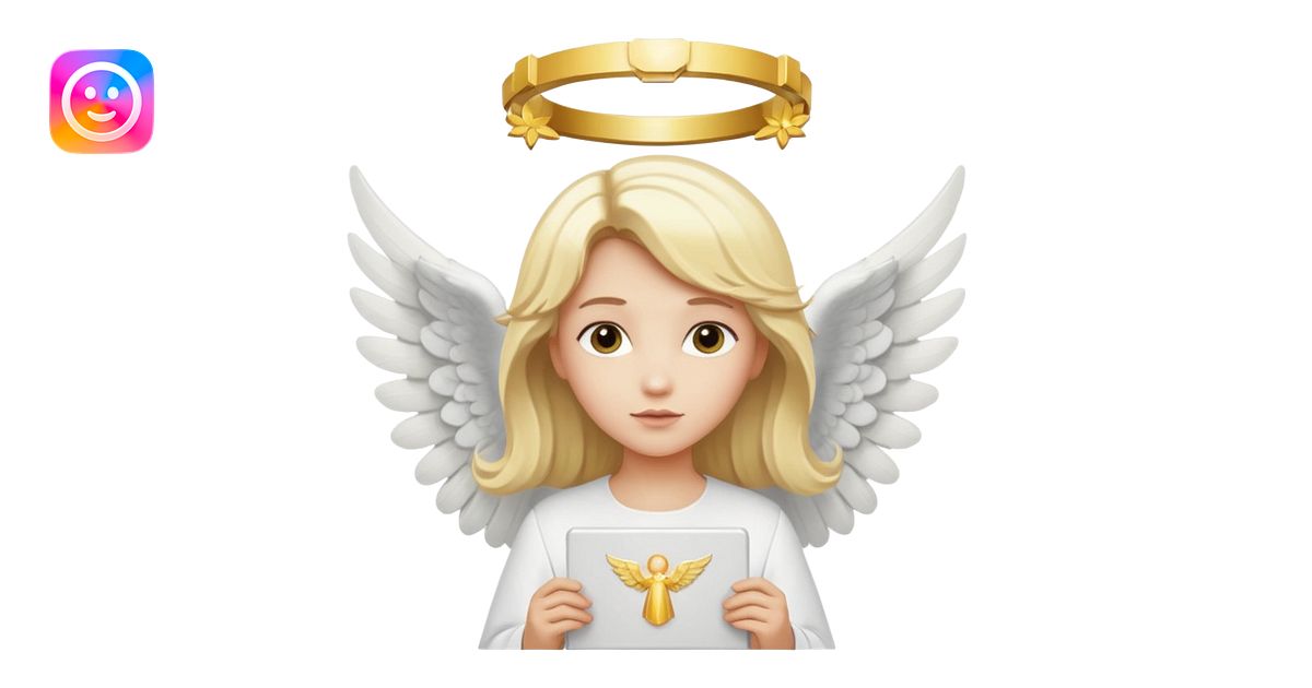 "An angel emoji with blonde hair, a halo, wings, holding a ...