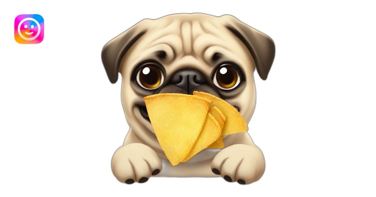4k, Sticker design of funny pug with chips in him hand, cute, meme ...