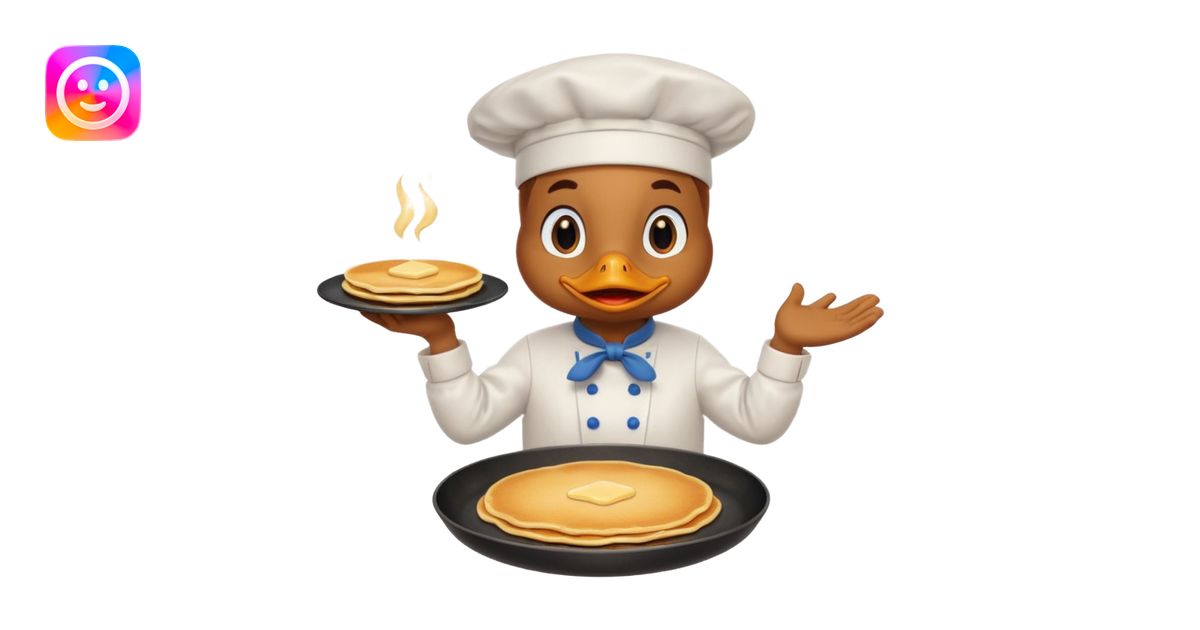 A chef duck wearing a tiny apron, flipping pancakes on a pan emoji | AI ...