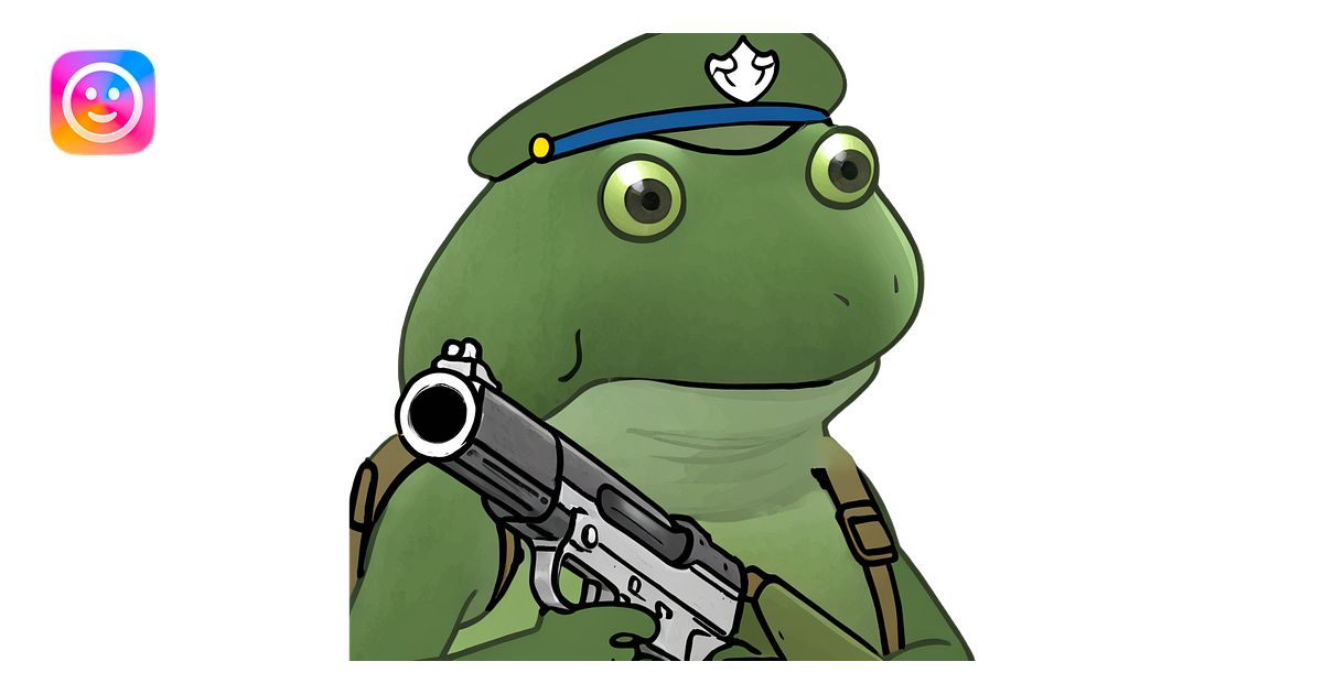 A frog with a blank eyes, holding a rifle with a green helmet and a ...