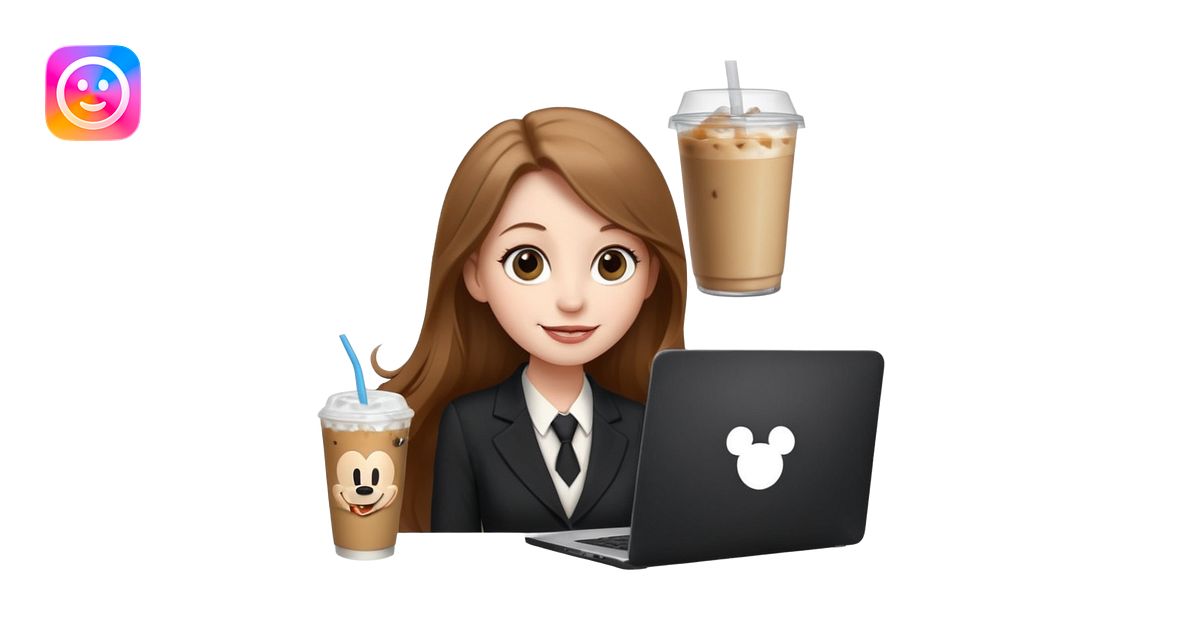 Women in front of laptop has a Mickey sticker, with a happy face, face ...