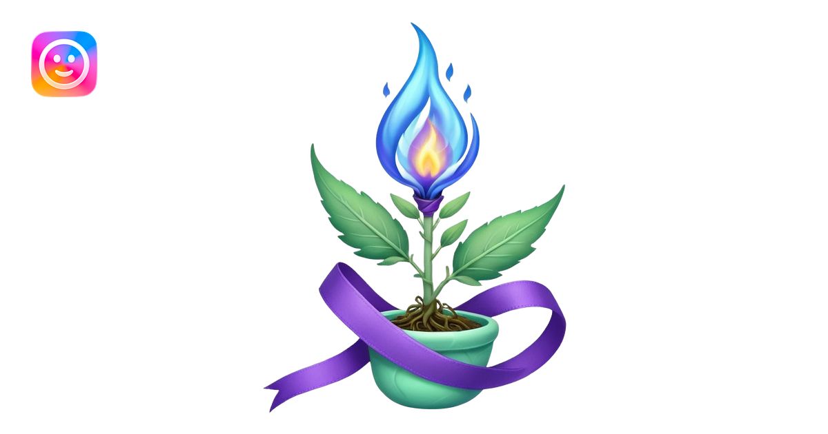 Blue flame enveloping a green sage sprout surrounded by a purple ribbon ...