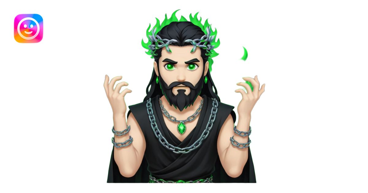hades greek god with green flames and beard with chains on his arms and ...