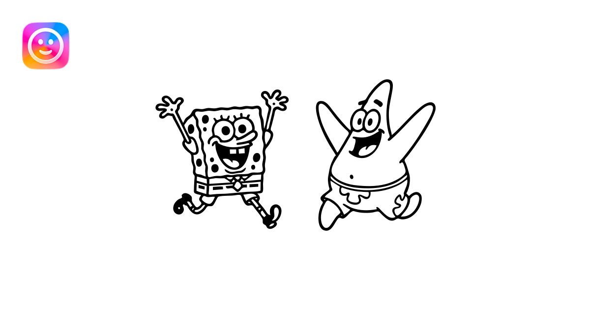 Spongebob and Patrick as lively, energetic outlined icons, expressive ...