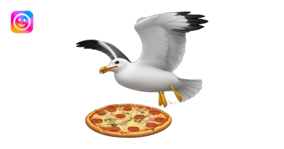 Flying seagull with pizza slice in beak emoji | AI Emoji Generator