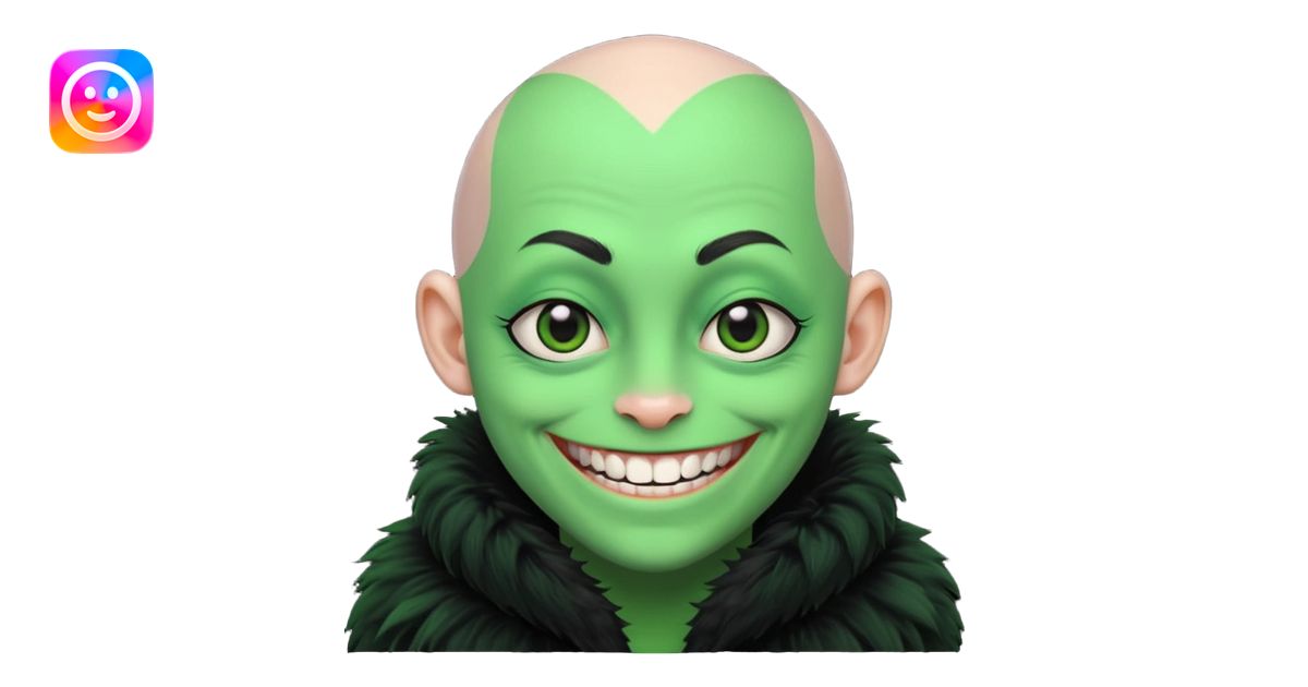 A bald person with bright green sclera and bright green teeth, grinning ...