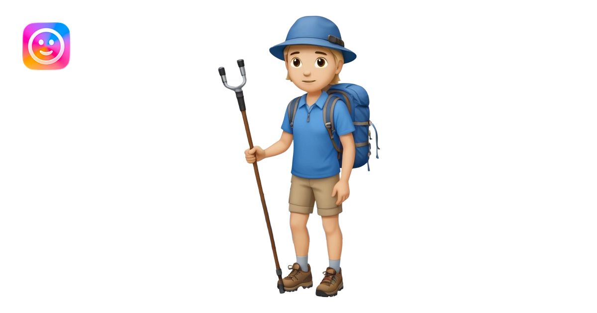 a full-body hiker with a hat blue shirt and hiking stick.hiking a ...