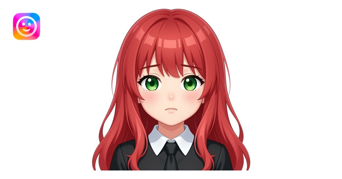 anime girl relieved eyes closed long red hair green eyes black blouse ...
