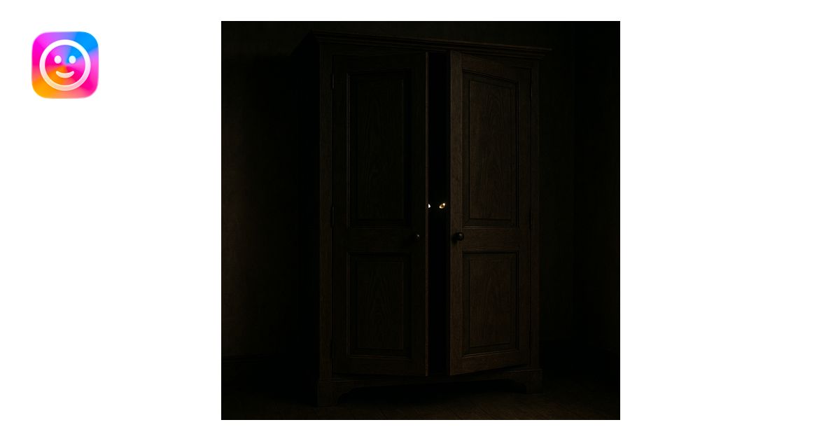 wardrobe doors ajar with eerie eyes shining from the darkness inside ...