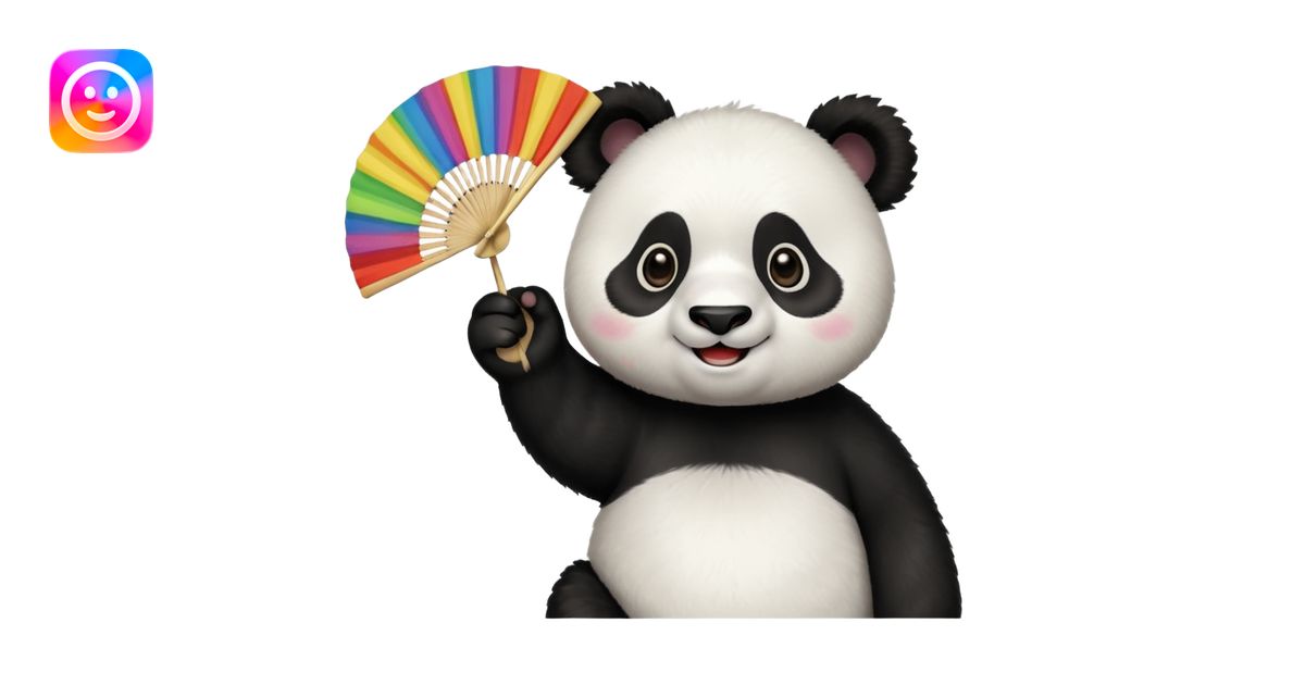 A panda waving a painted fan joyfully, cheeks puffed in excitement ...