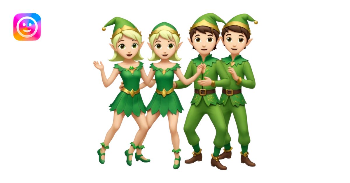group of male and female dancing elves emoji | AI Emoji Generator