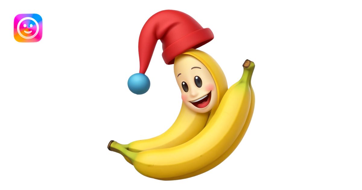 A 3D cartoon banana with a red nose and tiny hat, smiling face, playful ...