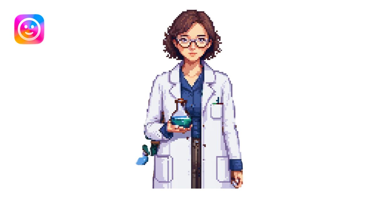 Flat pixel art, a female chemist, wearing glasses, white lab coat over ...