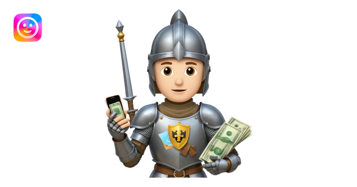 Knight with helmet holding phone and money emoji | AI Emoji Generator