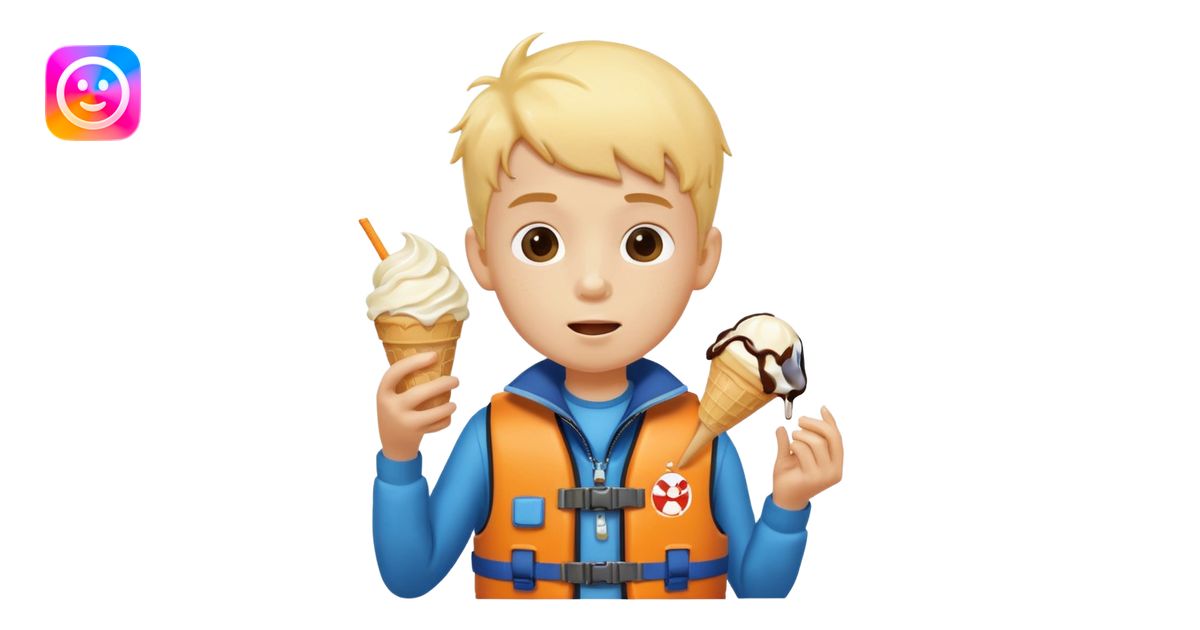 boy kid wearing lifejacket, eating ice cream emoji | AI Emoji Generator