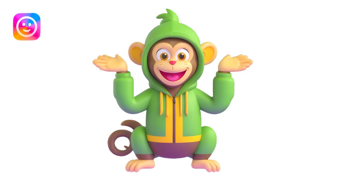 Cute 3D green monkey with big yellow ears, dark hood, and a happy face ...