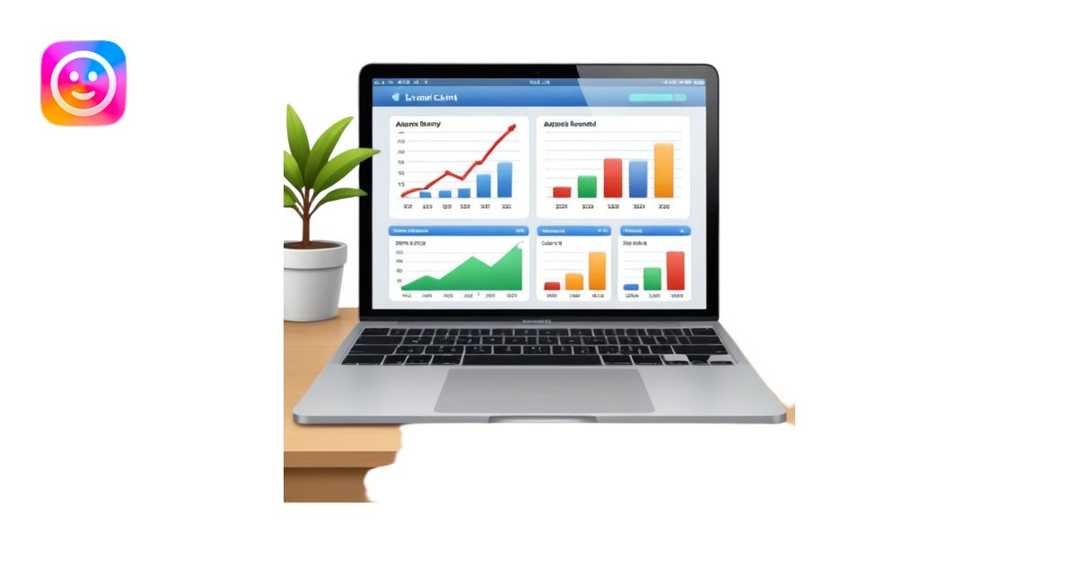 Create a macbook displaying financial charts and analytics dashboards ...