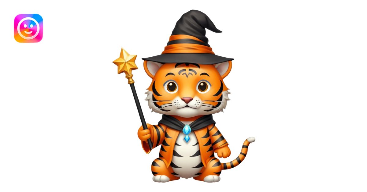 Tiger wizard with magic wand and hat emoji | AI Emoji Generator