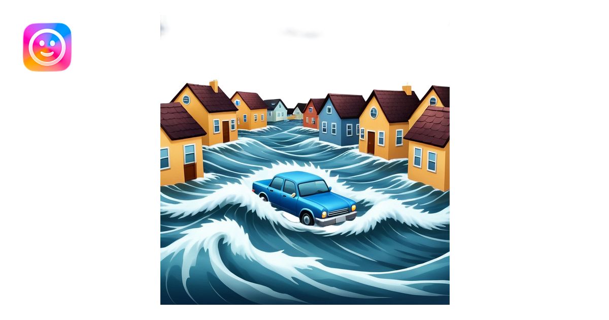 showing a flood disaster scene with strong water waves overflowing streets, partially submerged ...