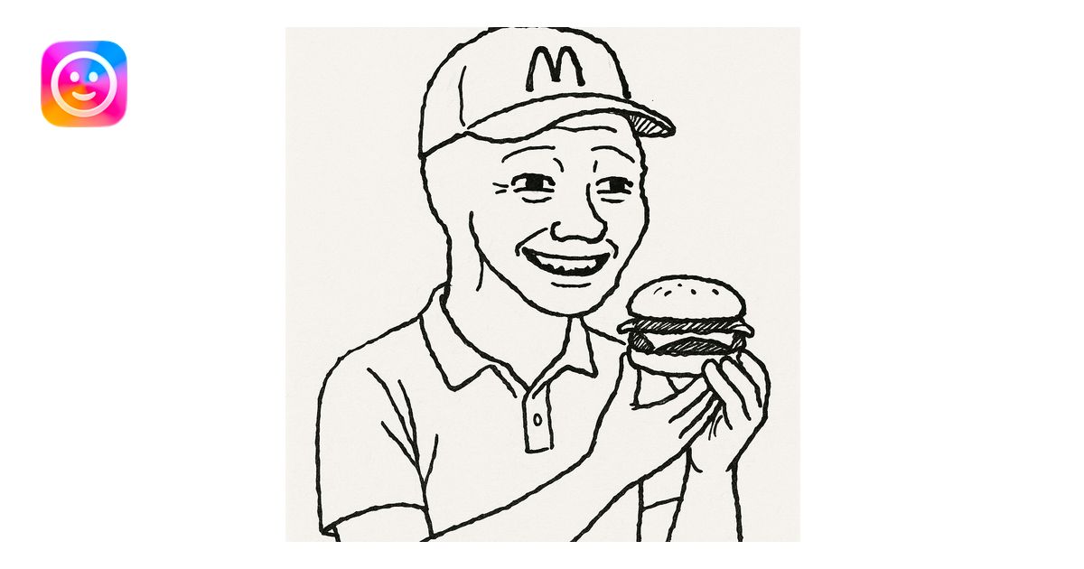 wojak meme style, McDonald's worker smiling, holding a burger, simple ...