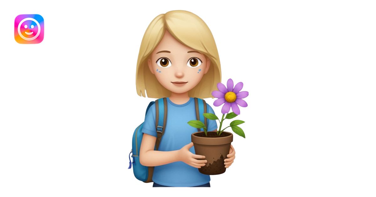 young girl wearing packpack, holding a flower pot emoji | AI Emoji ...