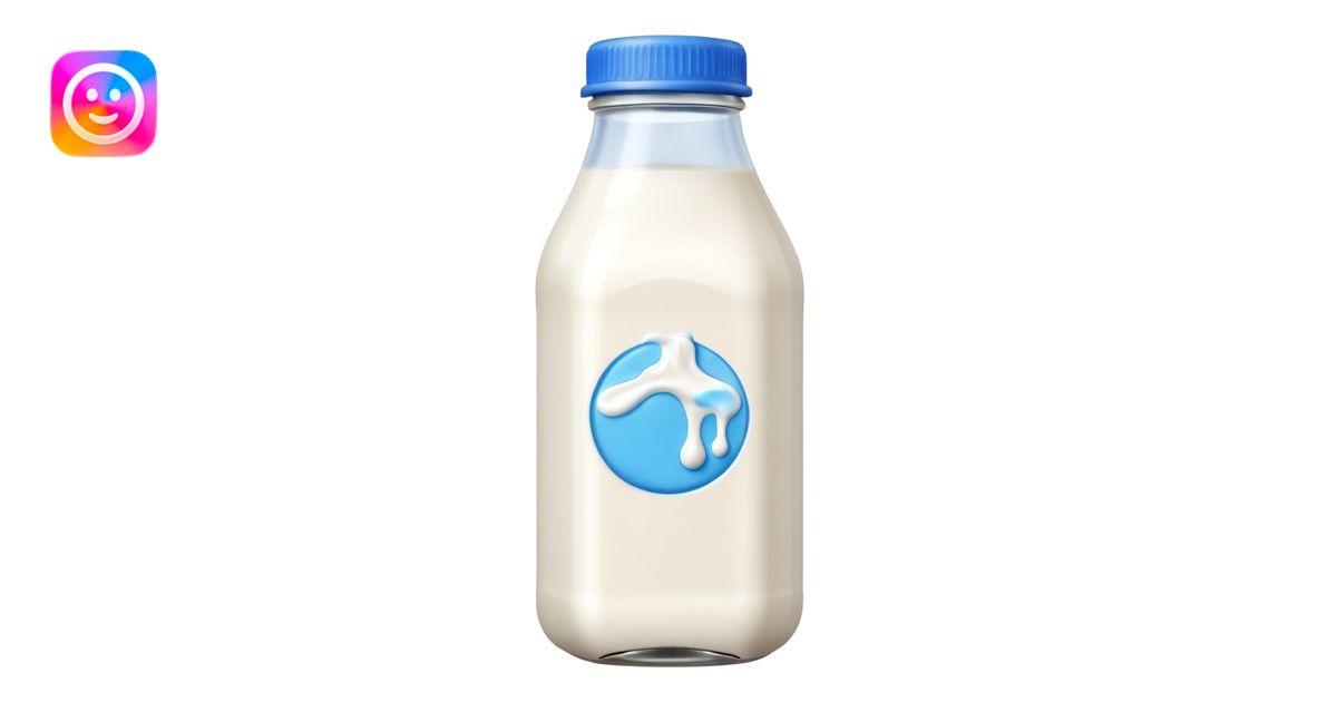 A 3D cartoon bottle of milk with white liquid, blue cap, clean ...