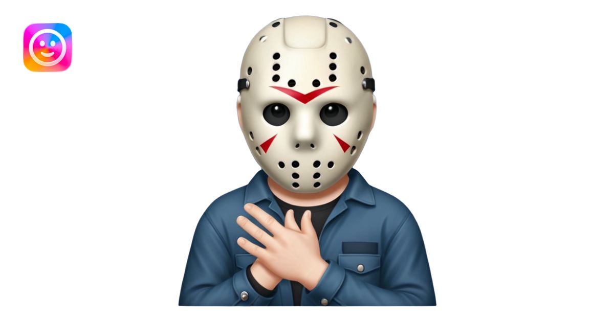 a cartoon image of Jason Voorhees, looking cute, with his hands clasped ...